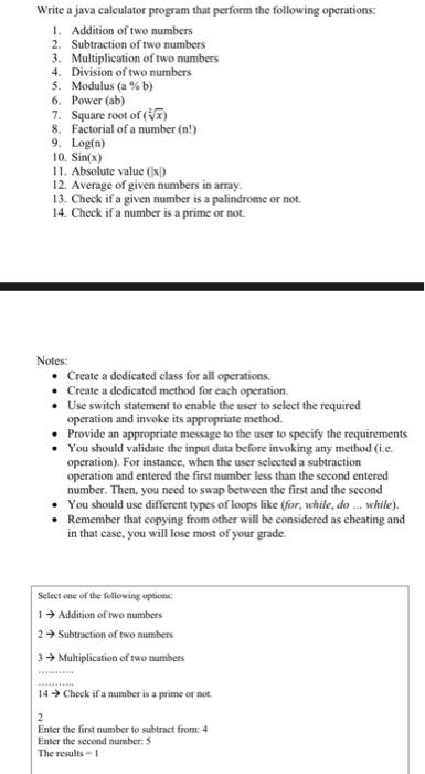 Solved Write a java calculator program that perform the | Chegg.com