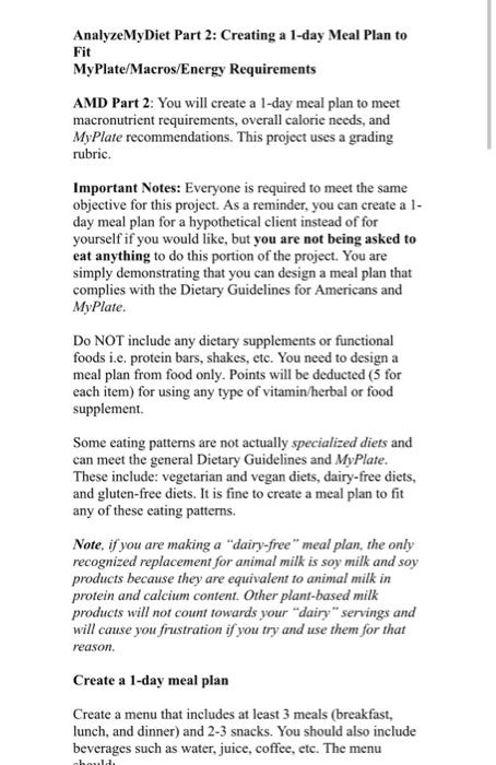 AnalyzeMyDiet Part 2: Creating a 1-day Meal Plan to | Chegg.com