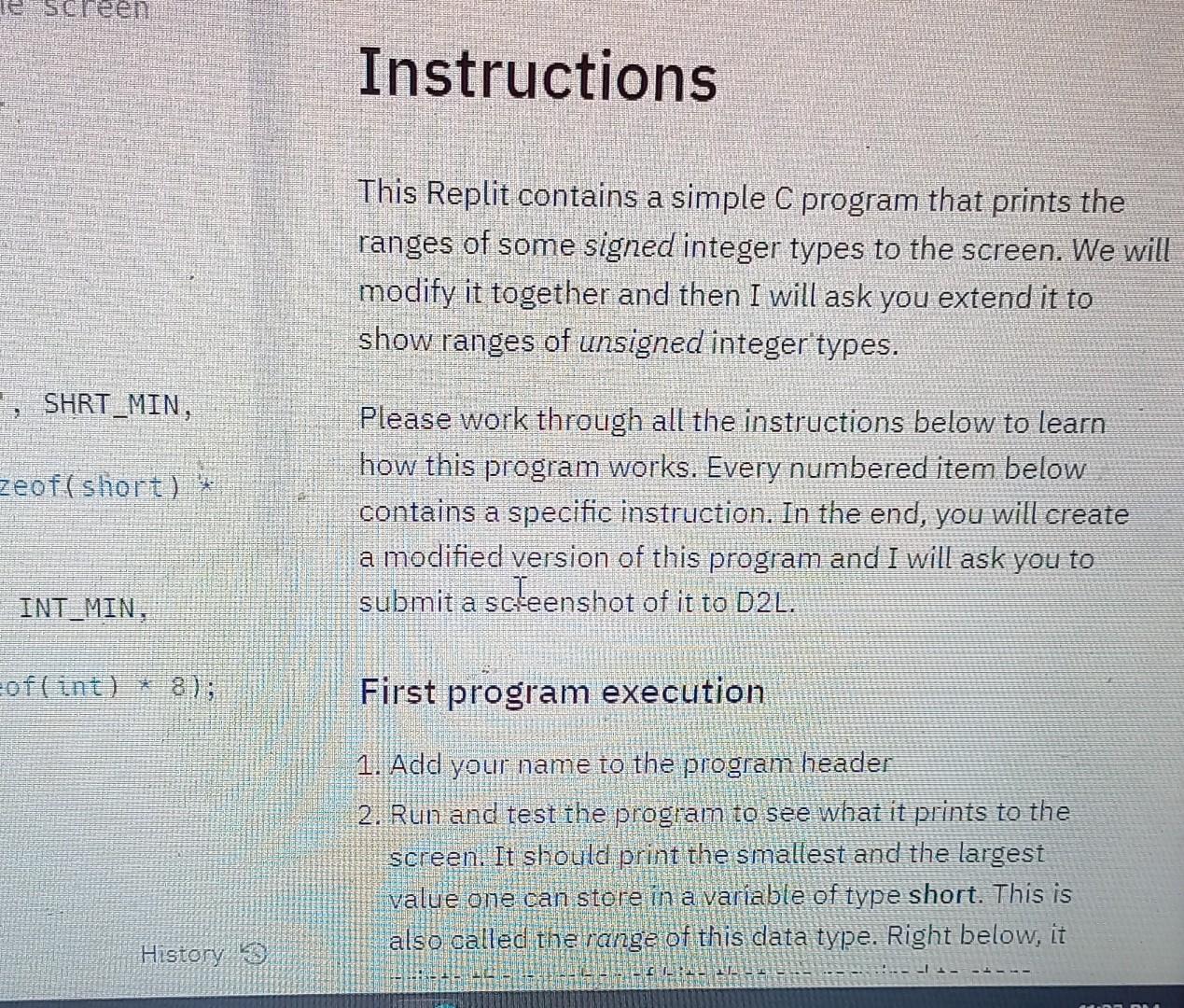 Solved Line 1: Col 1 History 5This Replit contains a simple | Chegg.com