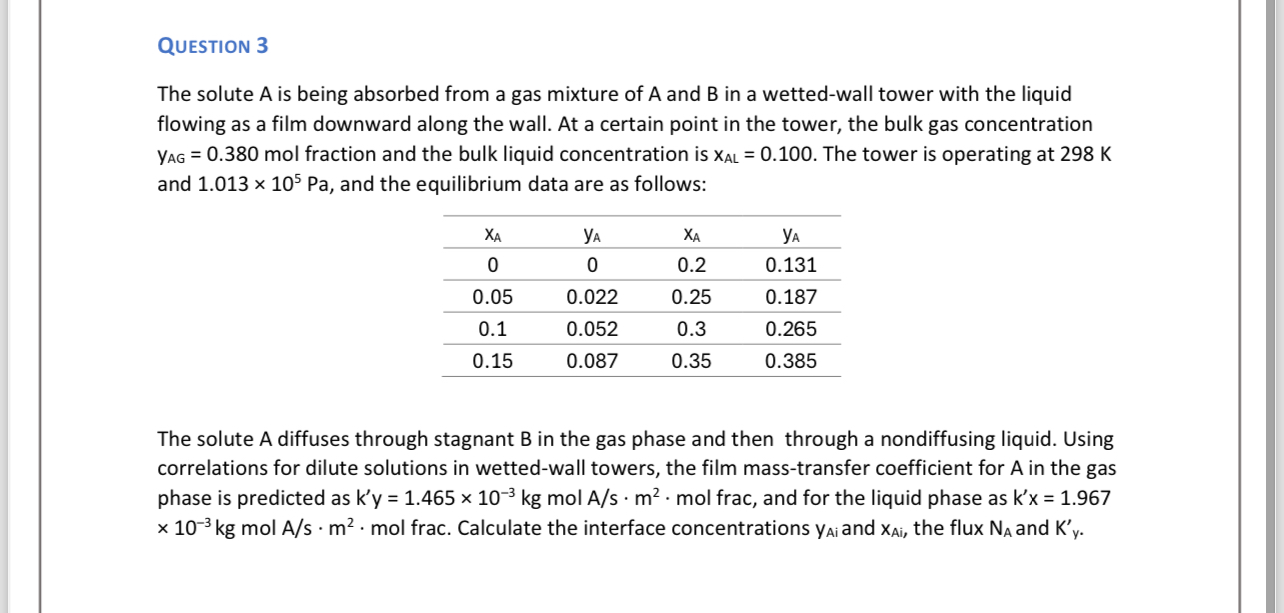 Solved QUESTION 3The solute A ﻿is being absorbed from a gas | Chegg.com