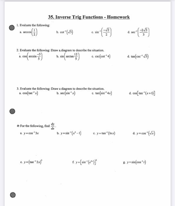 Solved 35. Inverse Trig Functions - Homework 1. Evaluate the | Chegg.com