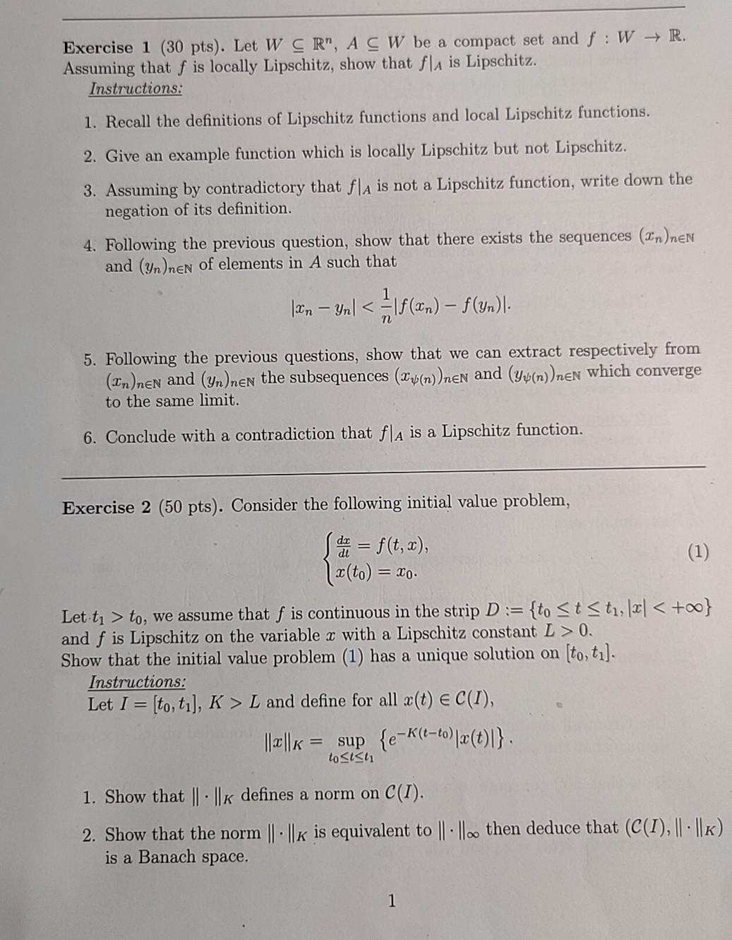 Solved Exercise 1(30pts). Let W⊆Rn,A⊆W be a compact set and | Chegg.com