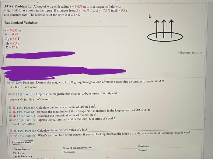 Solved (14%) Problem 1: A loop of wire with radius r = 0.055 | Chegg.com
