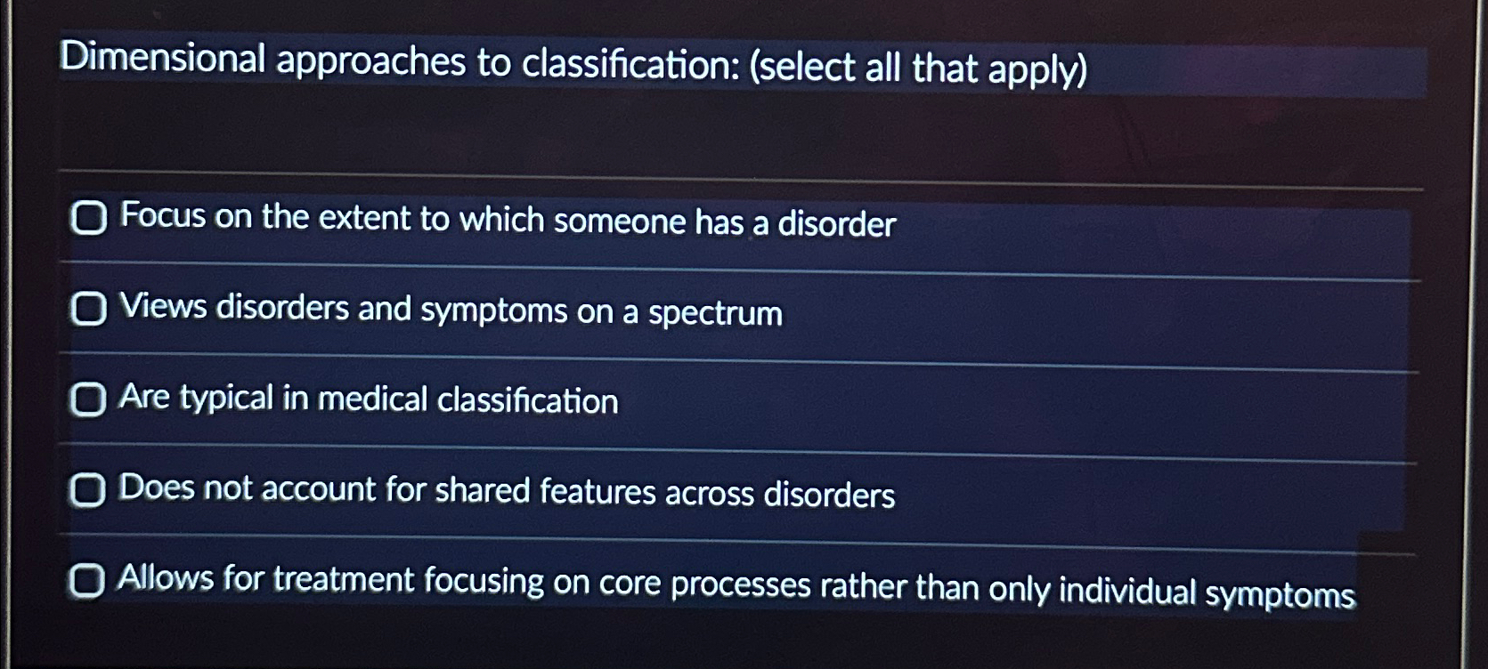 Solved Dimensional approaches to classification: (select all | Chegg.com