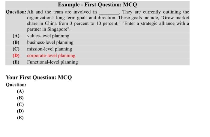 Solved - Example - First Question: MCQ Question: Ali and the | Chegg.com