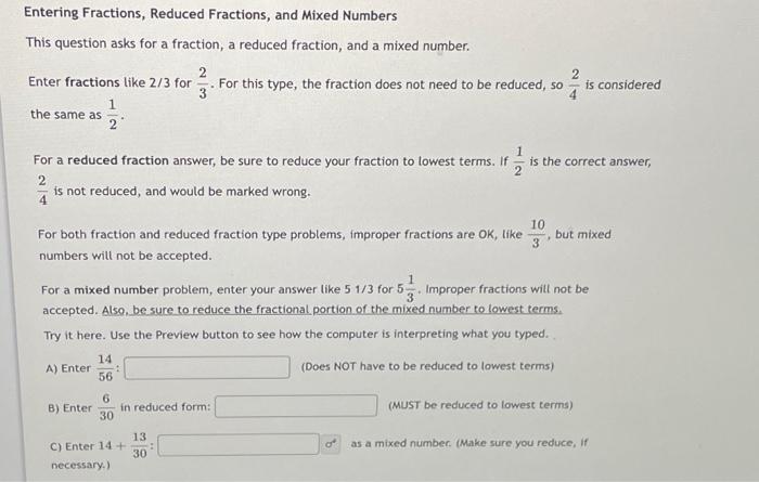 Solved Entering Fractions, Reduced Fractions, and Mixed | Chegg.com