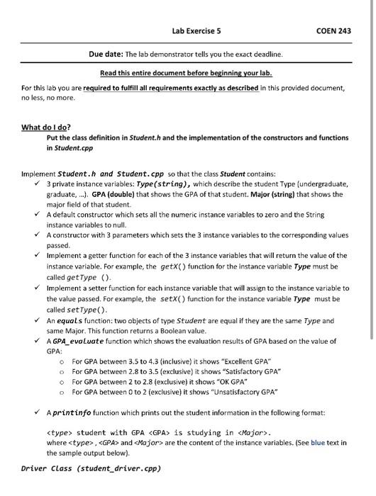 Solved Implement Student. h and Student. cpp so that the | Chegg.com