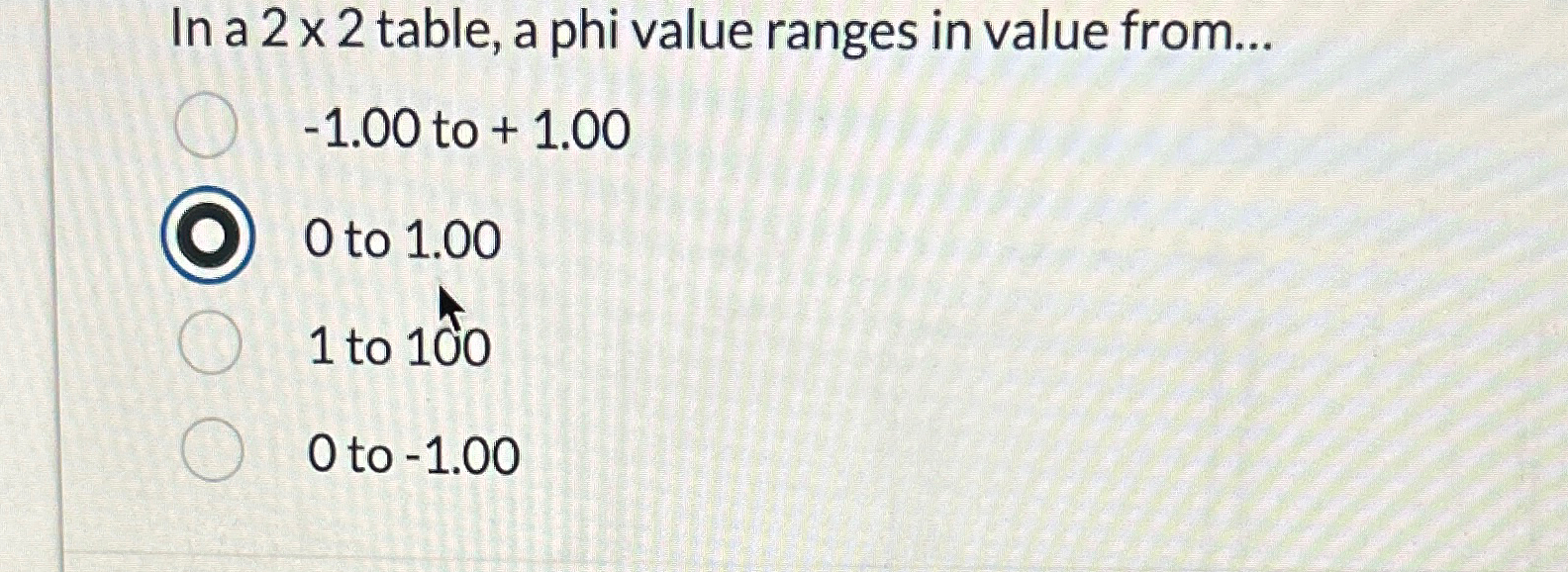 In a 2×2 ﻿table, a phi value ranges in value | Chegg.com