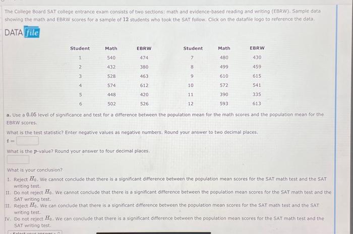 Solved The College Board SAT college entrance exam consists | Chegg.com