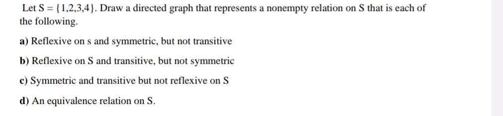 Solved Let S={1,2,3,4}. Draw a directed graph that | Chegg.com