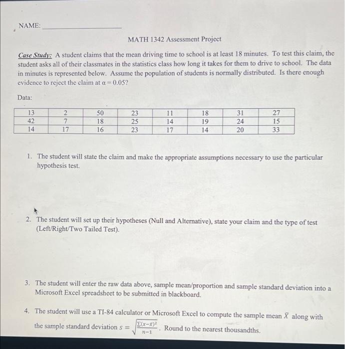 Solved NAME: MATH 1342 Assessment Project Case Study: A | Chegg.com