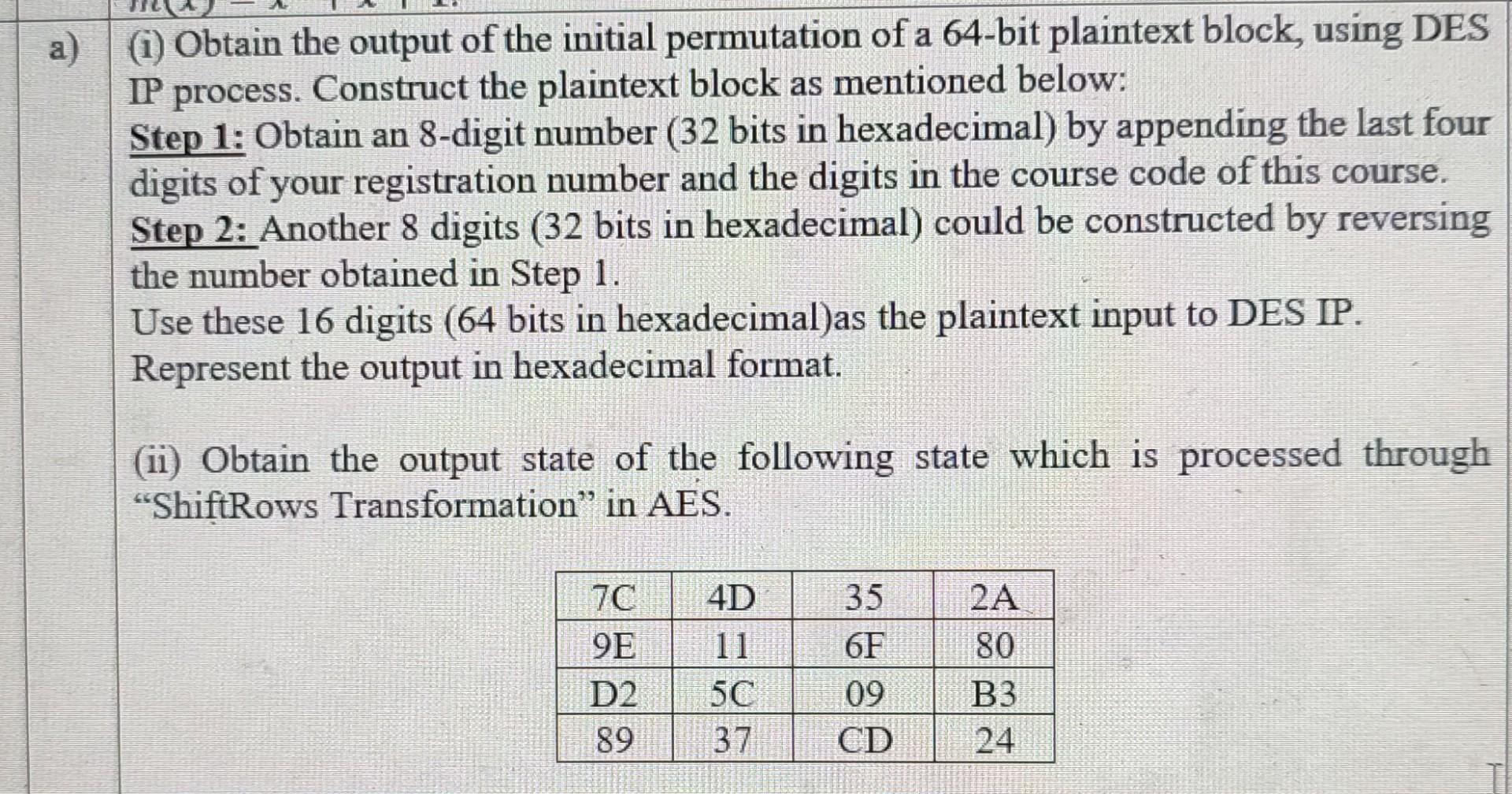 Solved (i) Obtain the output of the initial permutation of a | Chegg.com