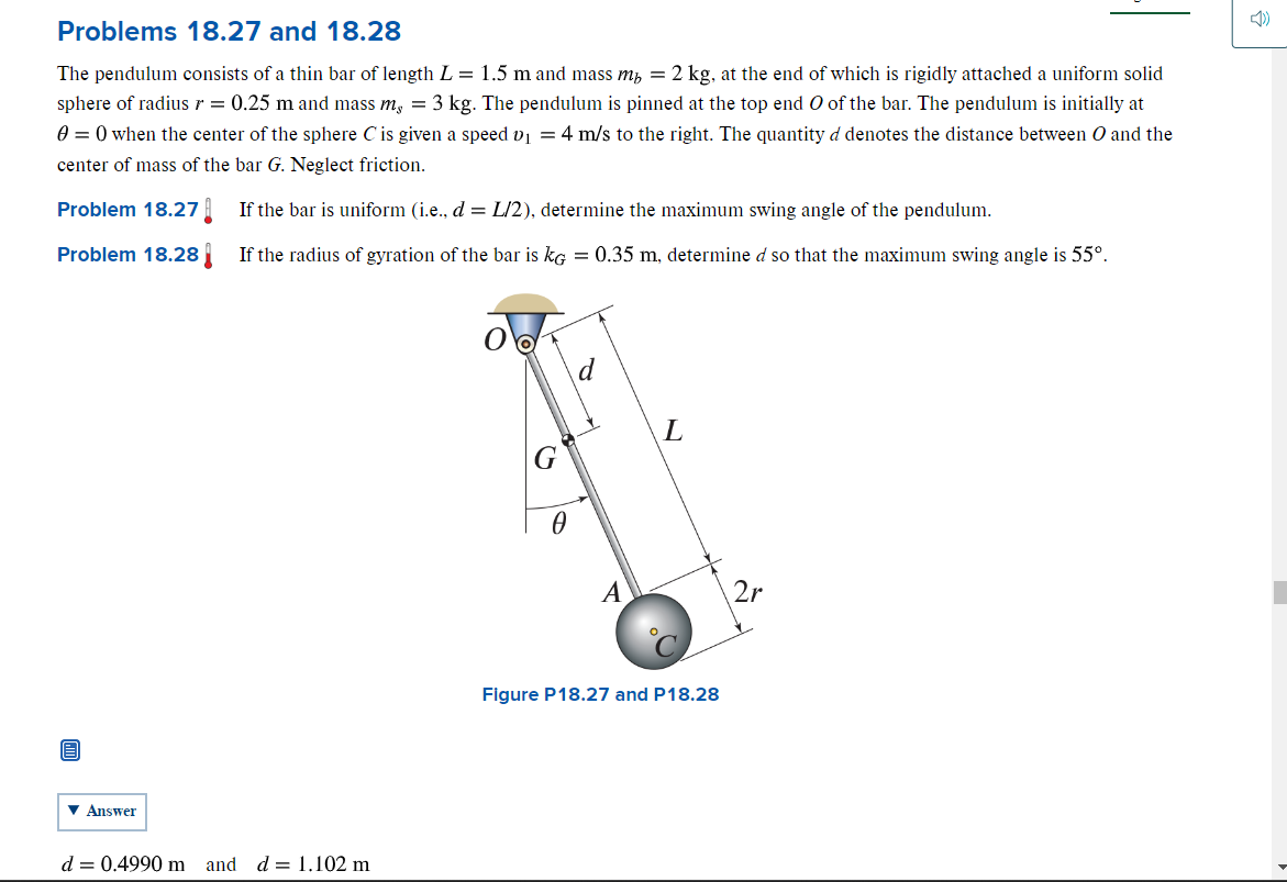 Solved Problems 18.27 ﻿and 18.28The pendulum consists of a | Chegg.com