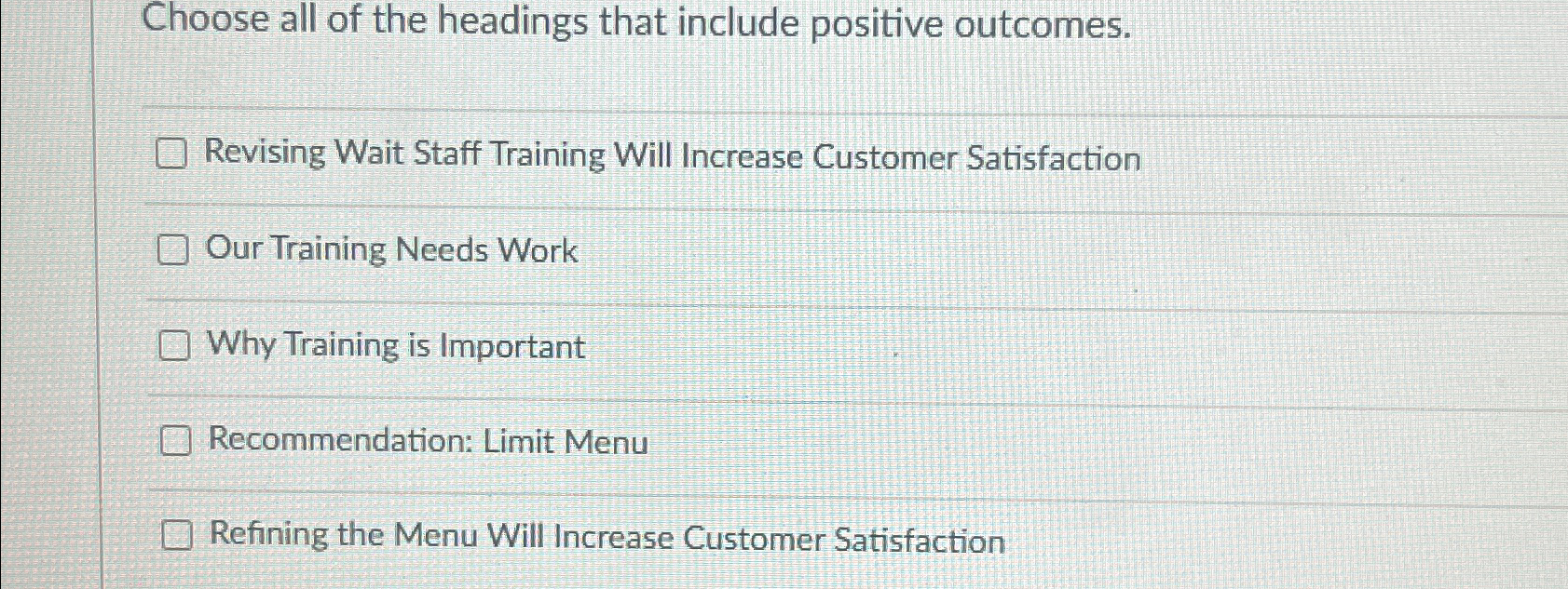 Solved Choose all of the headings that include positive | Chegg.com