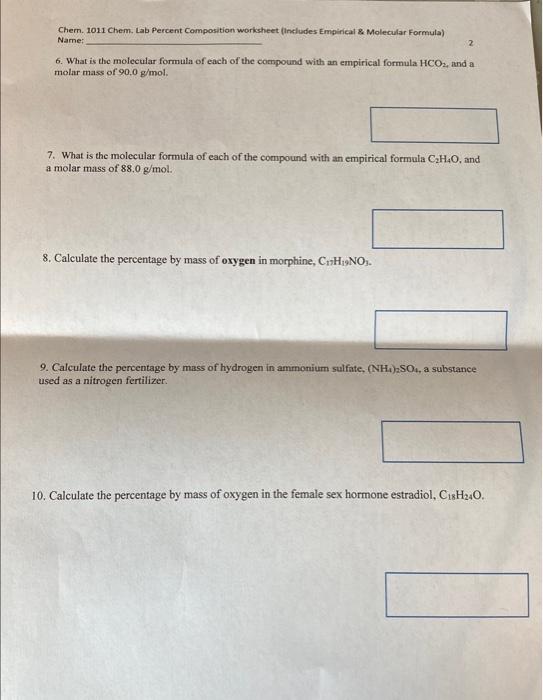 Solved Chem. 1011 Chem. Lab Percent Composition worksheet | Chegg.com