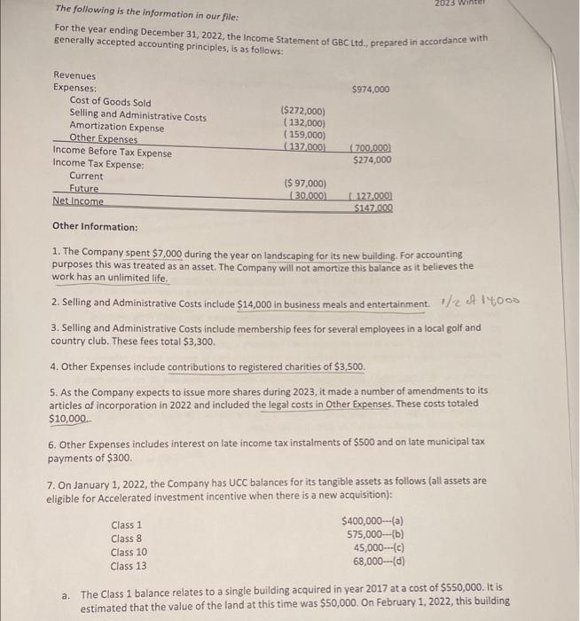 The following is the information in our file: For the | Chegg.com