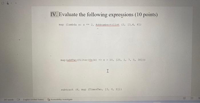 Solved IV. Evaluate the following expressions ( 10 points) | Chegg.com