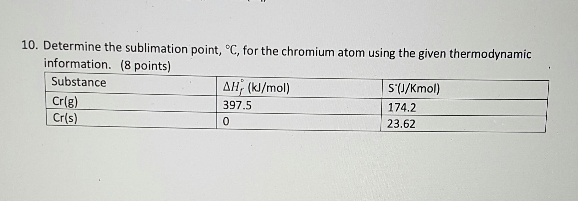 Solved 10. Determine the sublimation point, °C, for the | Chegg.com