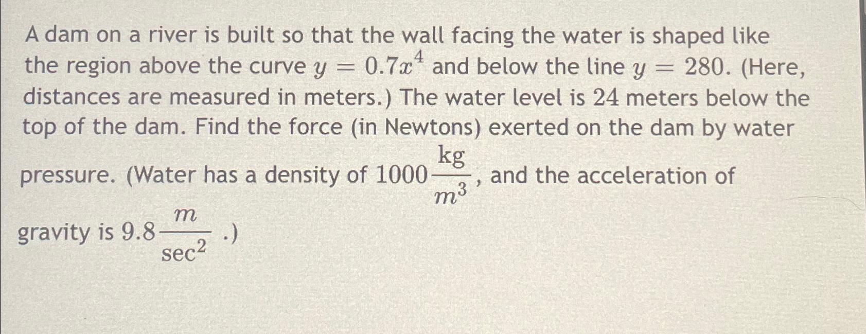 Solved A dam on a river is built so that the wall facing the | Chegg.com