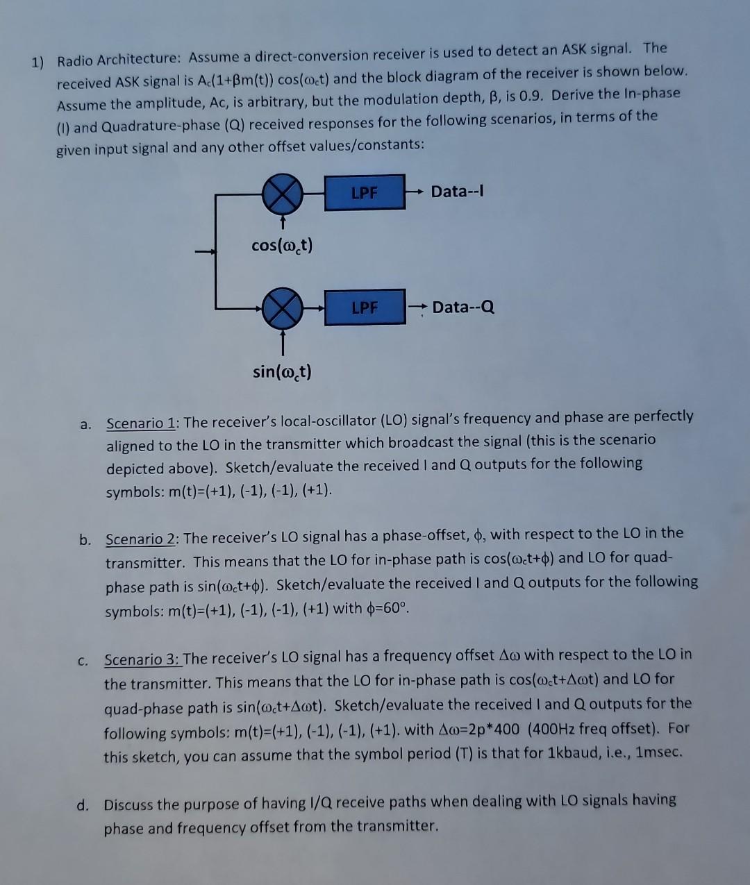 1) Radio Architecture: Assume a direct-conversion | Chegg.com