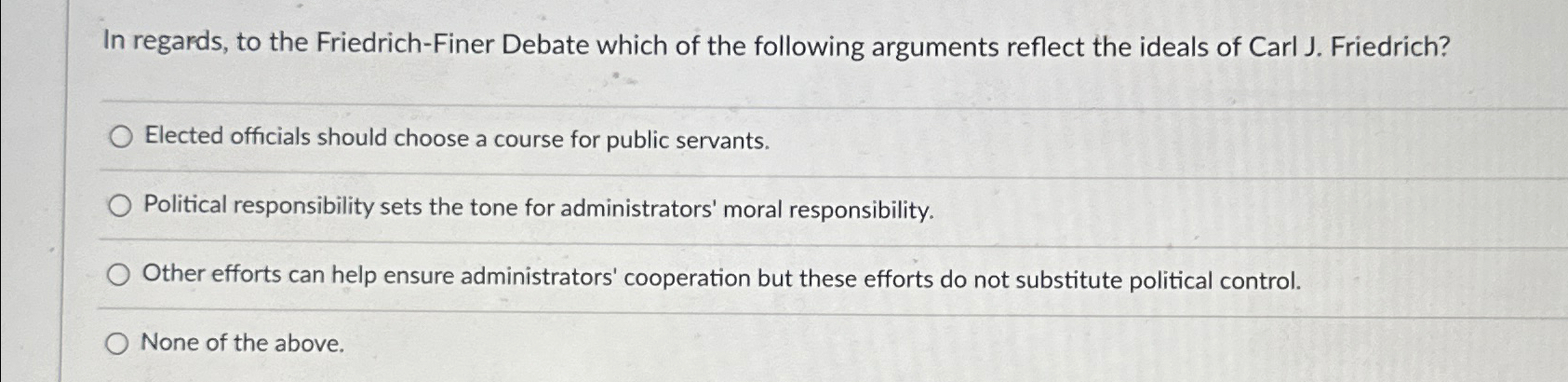 Solved In regards, to the Friedrich-Finer Debate which of | Chegg.com