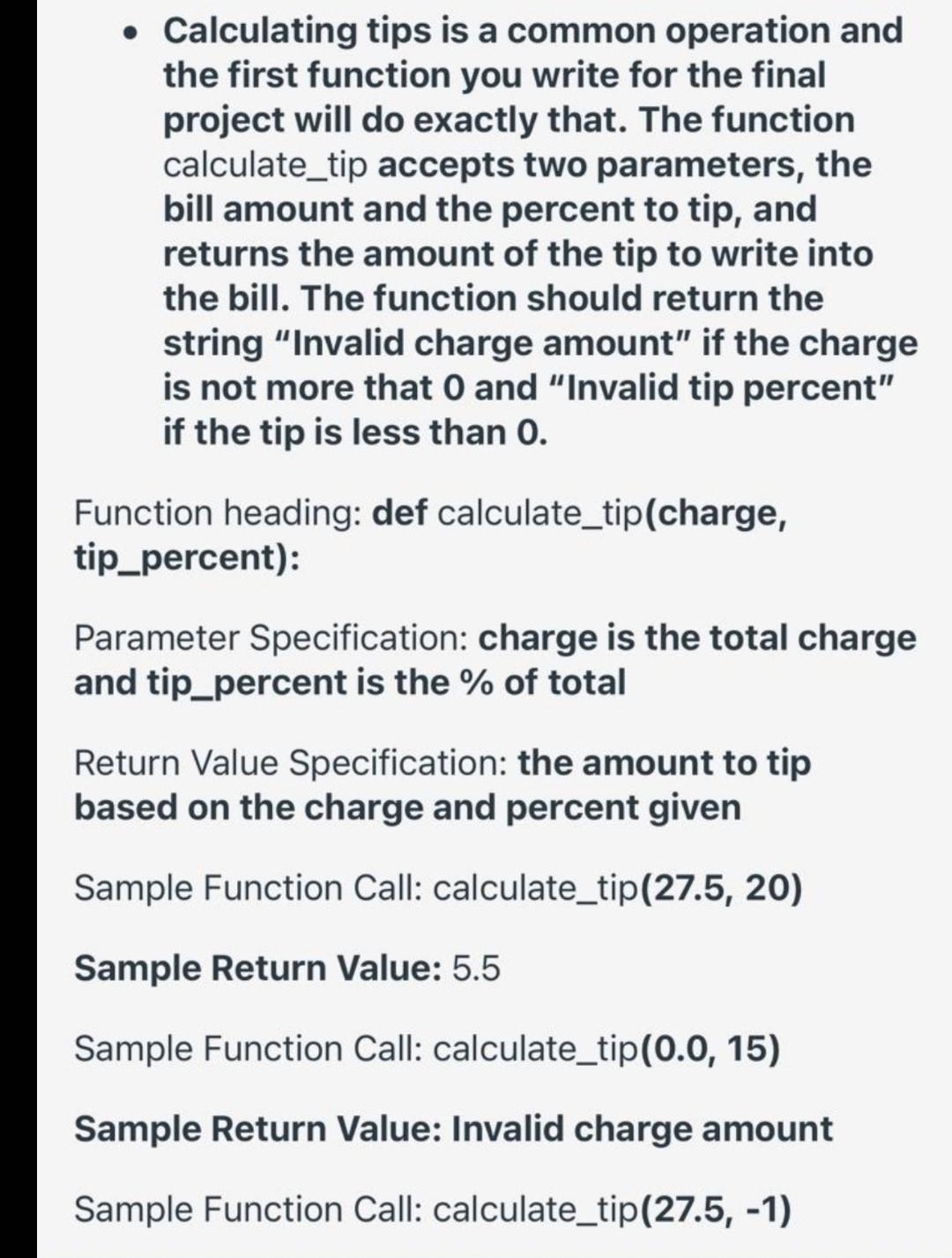 Solved import random def calculate_tip(charge, tip_percent): | Chegg.com