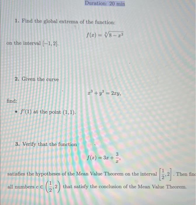 Solved 1. Find the global extrema of the function: | Chegg.com