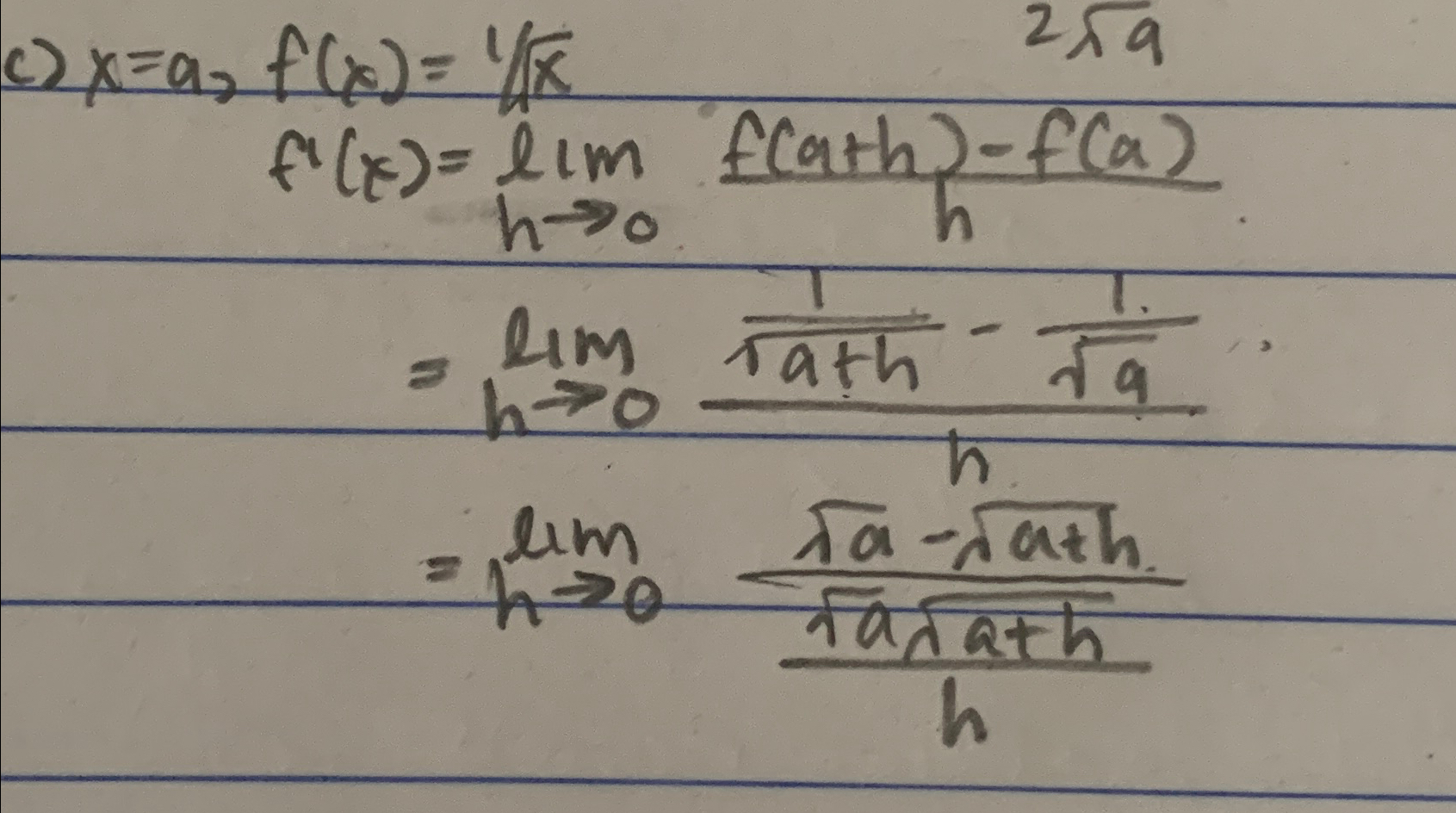 Solved x=af(x)=1x2f'(x)=limh→0f(a+h)-f(a)h=limh→01a+h2-1a2h= | Chegg.com