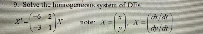 Solved 9. Solve the homogeneous system of DEs 6 2 note: X 3 | Chegg.com