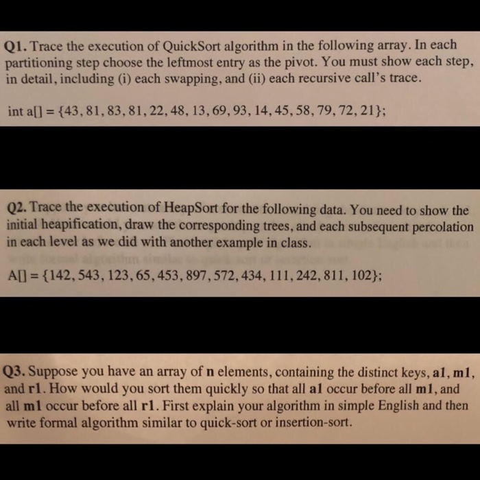 Q1 Trace The Execution Of Quicksort Algorithm In The 7471