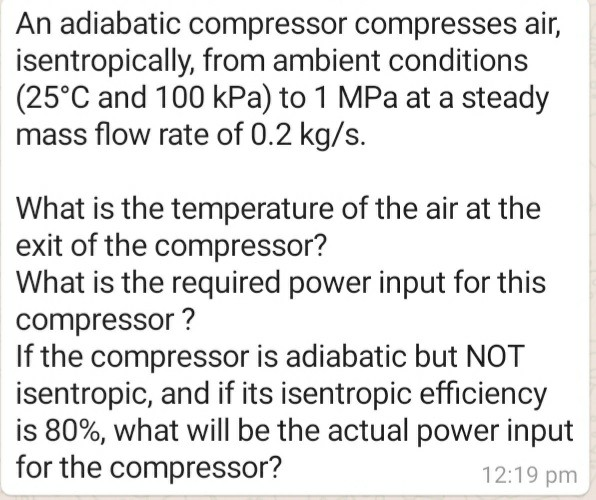 Solved An adiabatic compressor compresses air, | Chegg.com