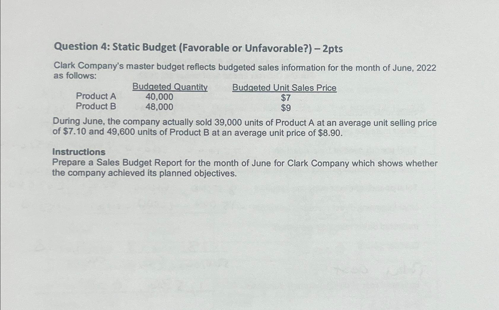 Solved Question 4: Static Budget (Favorable or | Chegg.com