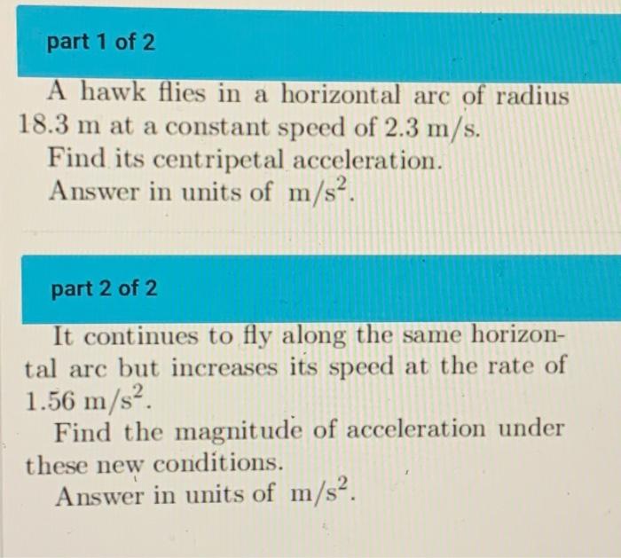 Solved part 1 of 2 A hawk flies in a horizontal arc of | Chegg.com