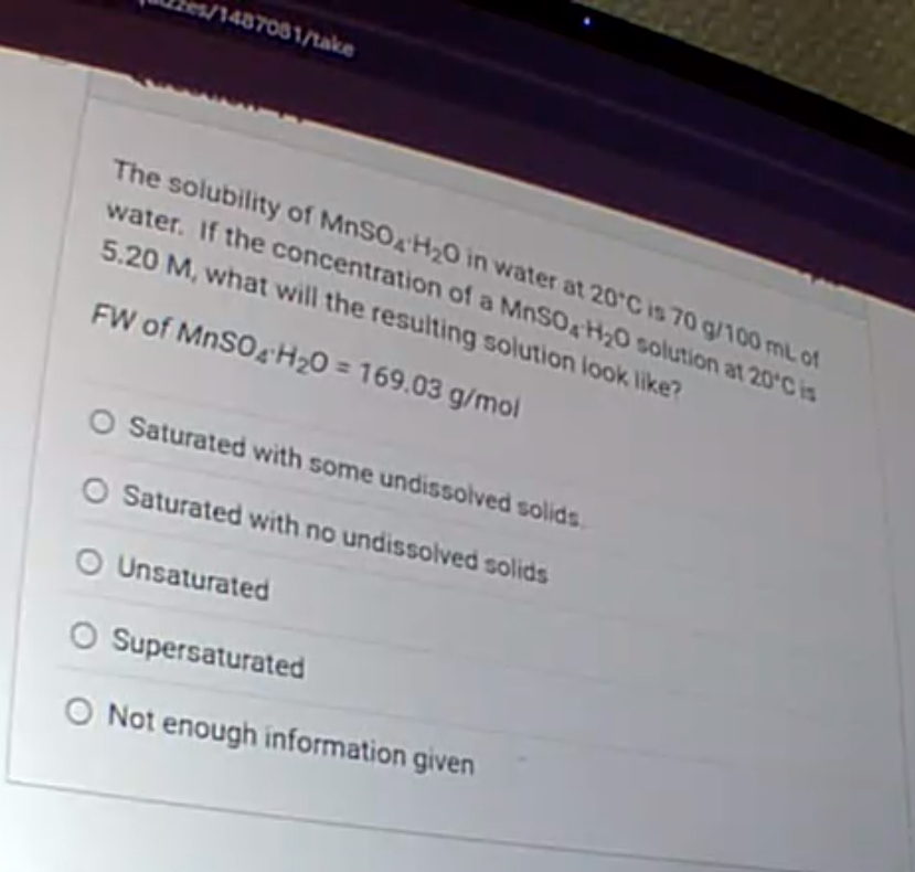 Solved The solubility of MnSO4*H2O ﻿in water at 20°C ﻿is | Chegg.com