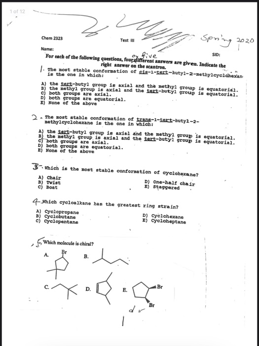 Solved Chem 2323 Test Spring 20 Name: SID: For each of the | Chegg.com