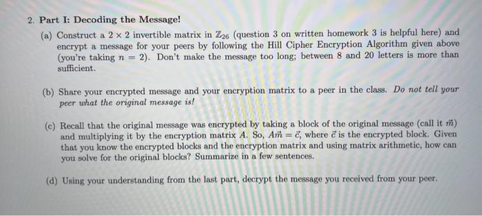 Solved 2. Part I: Decoding the Message! (a) Construct a 2×2 | Chegg.com