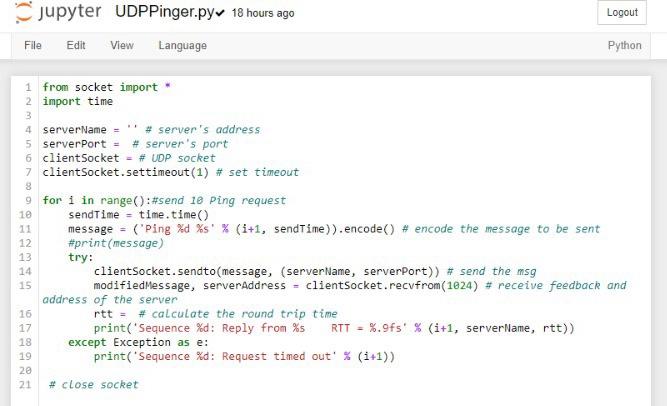 Solved ¿ jupyter UDPPinger.py 18 hours ago Logout | Chegg.com