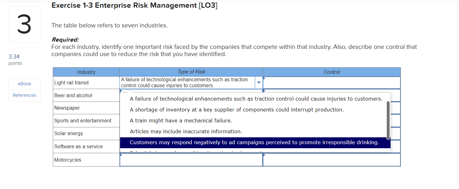 Solved Exercise 1-3 ﻿Enterprise Risk Management [LO3]The | Chegg.com