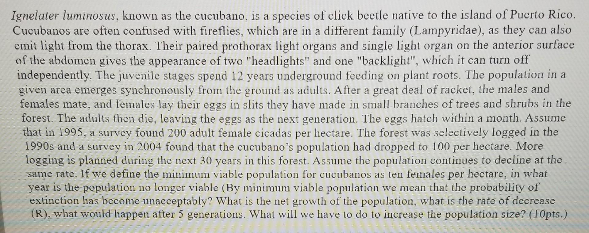 Solved Ignelater luminosus, known as the cucubano, is a | Chegg.com