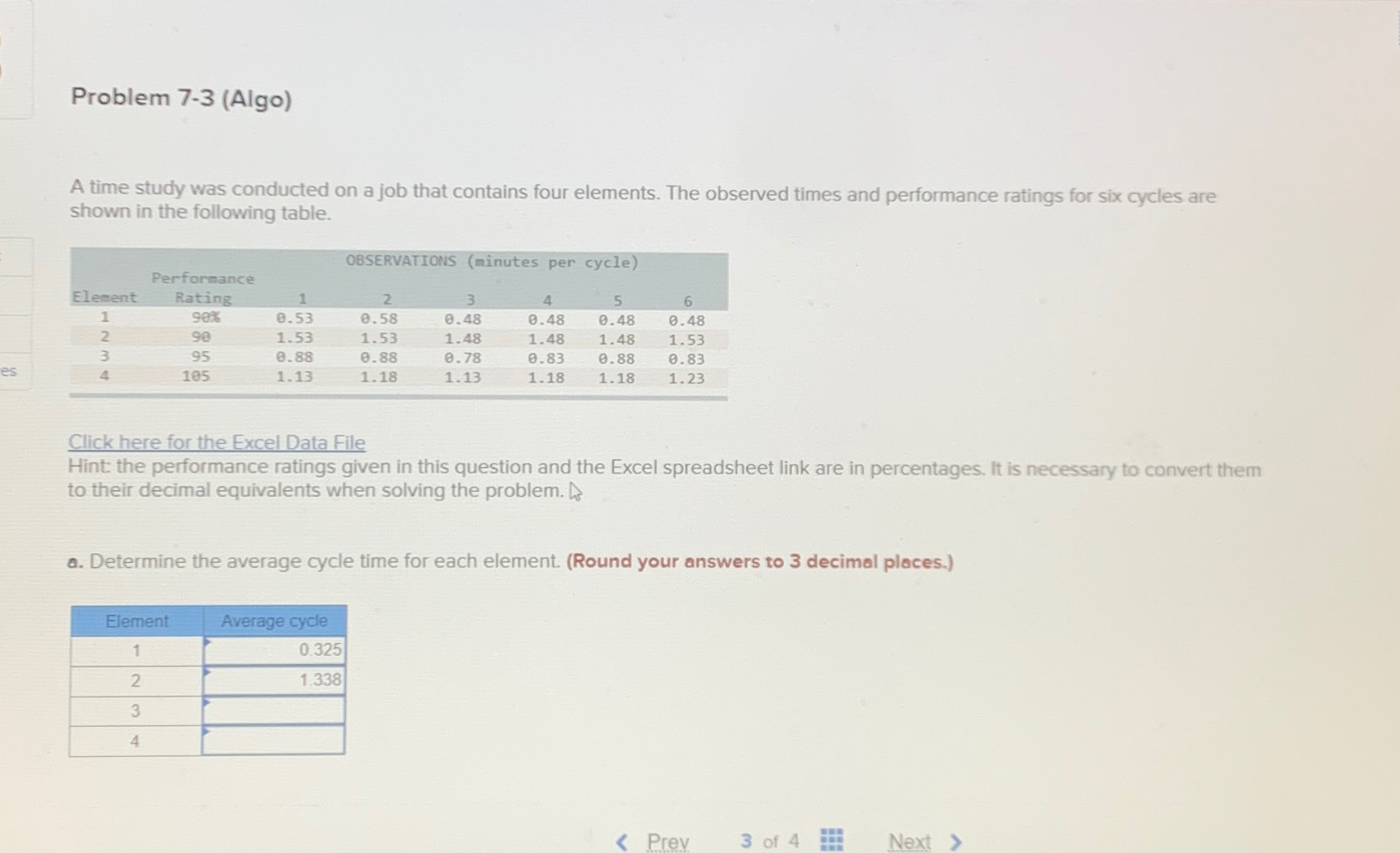Solved Problem 7-3 (Algo)A time study was conducted on a job | Chegg.com
