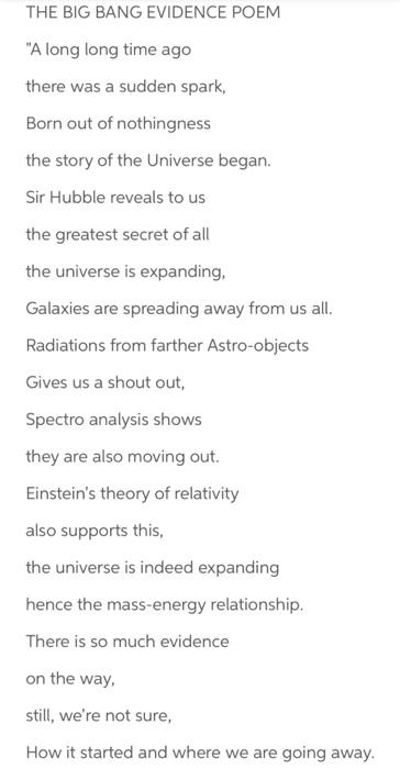 Solved THE BIG BANG EVIDENCE POEM "A long long time ago | Chegg.com