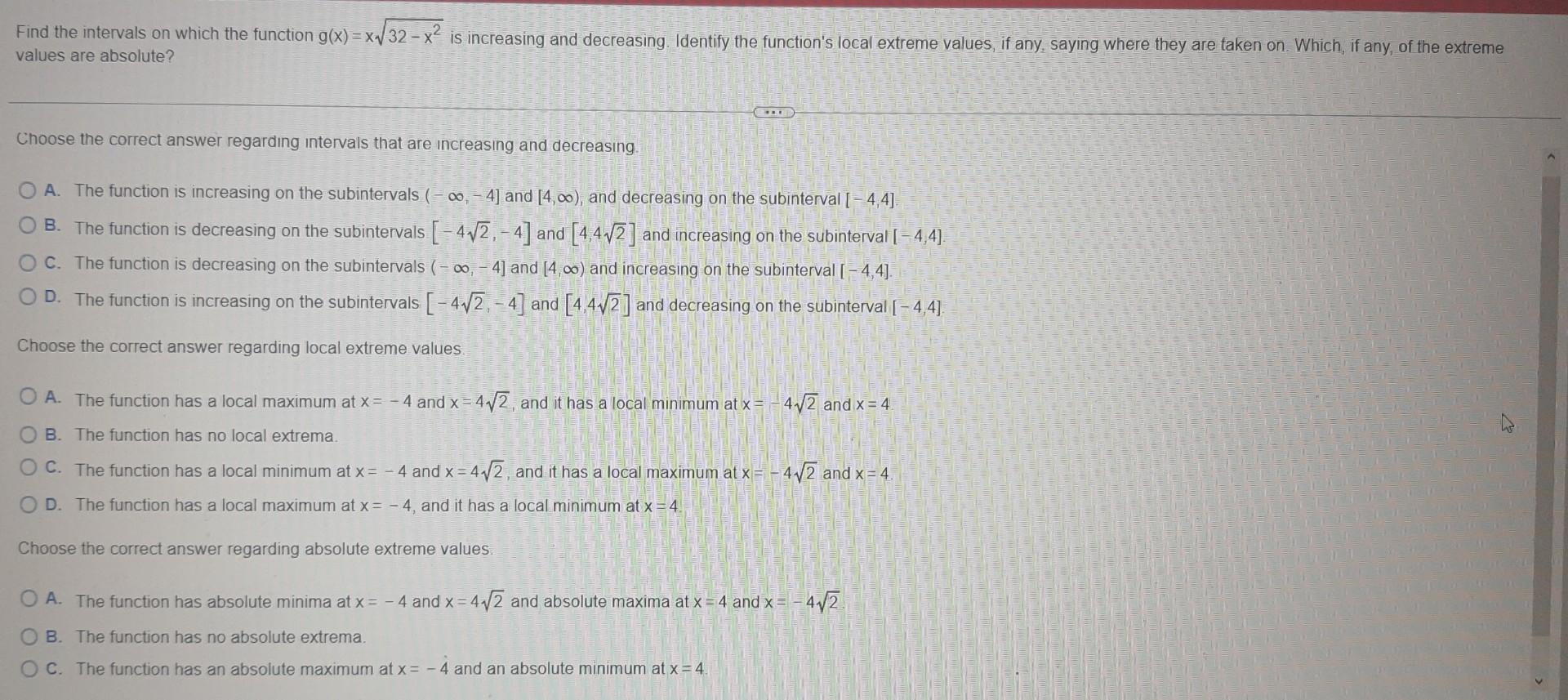 Solved Choose the correct answer regarding absolute extreme | Chegg.com