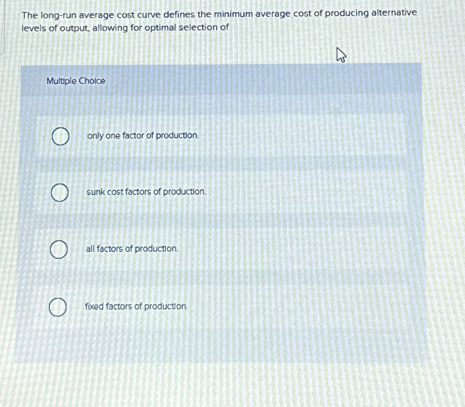 Solved The long-run average cost curve defines the minimum | Chegg.com