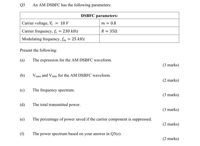 Solved Q3 An AM DSBFC has the following parameters: DSBFC | Chegg.com