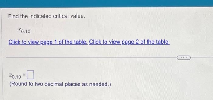 Solved Find the indicated critical value. z0.10 Click to | Chegg.com