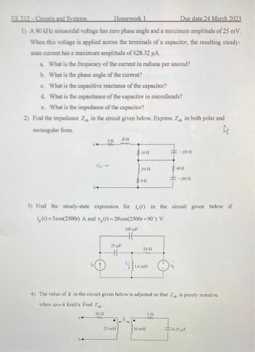 Solved 1) A 80kHz sinusoidal voltage has zero phase angle | Chegg.com