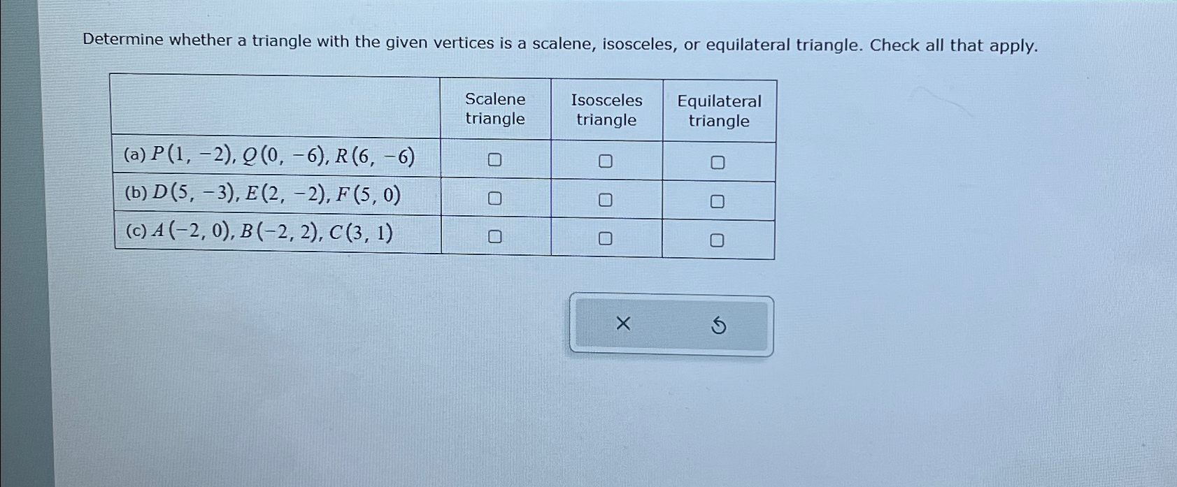 Solved Determine whether a triangle with the given vertices | Chegg.com
