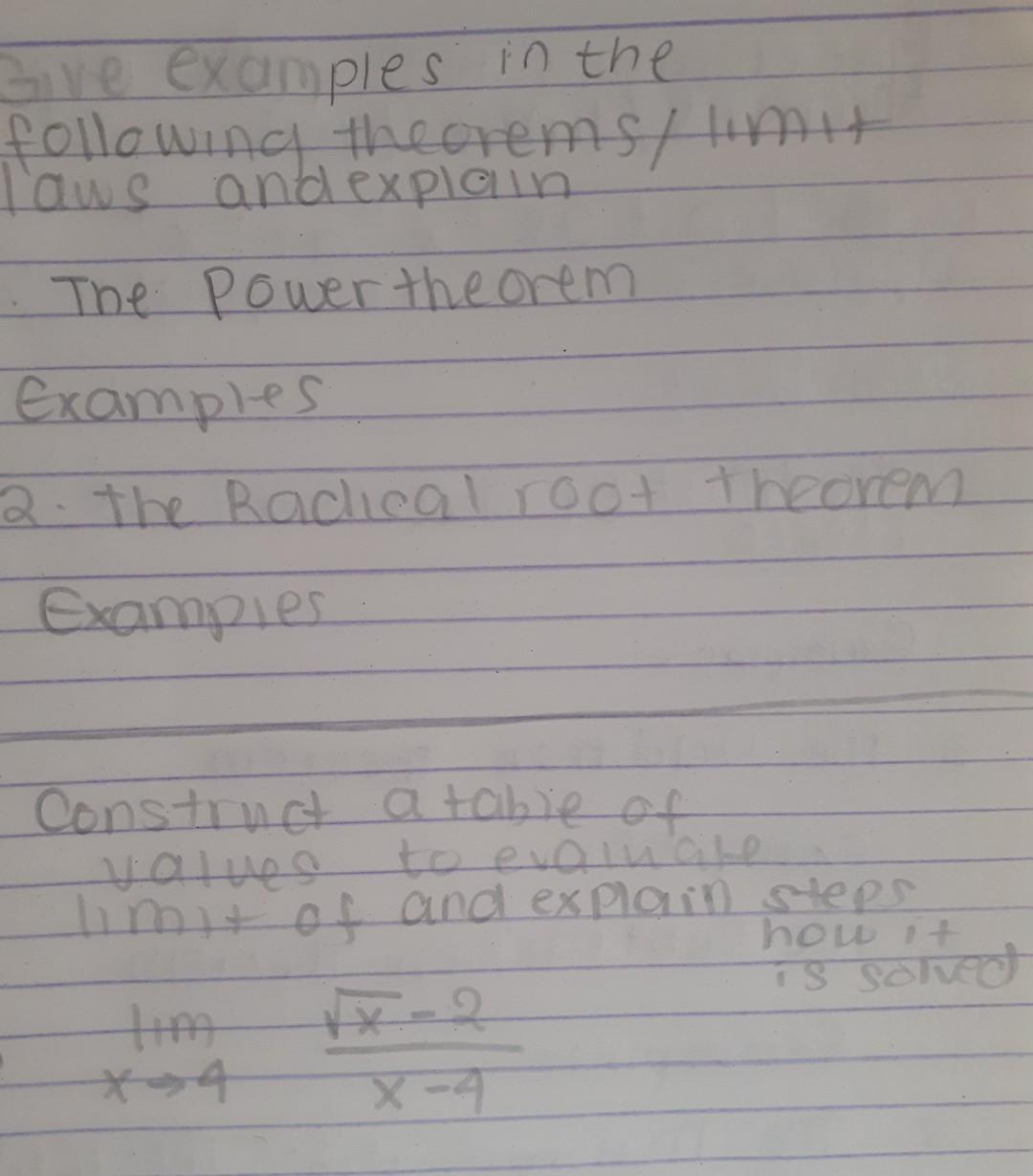 Solved Give examples in the following theorems/ limit laws | Chegg.com