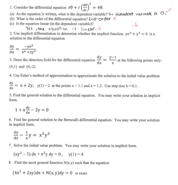 Solved 1. Consider the differential equation rθ+r(drdθ)2=4θ. | Chegg.com
