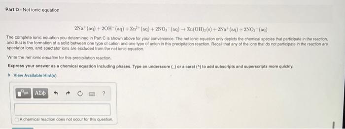 Solved Part D - Net ionic equation | Chegg.com